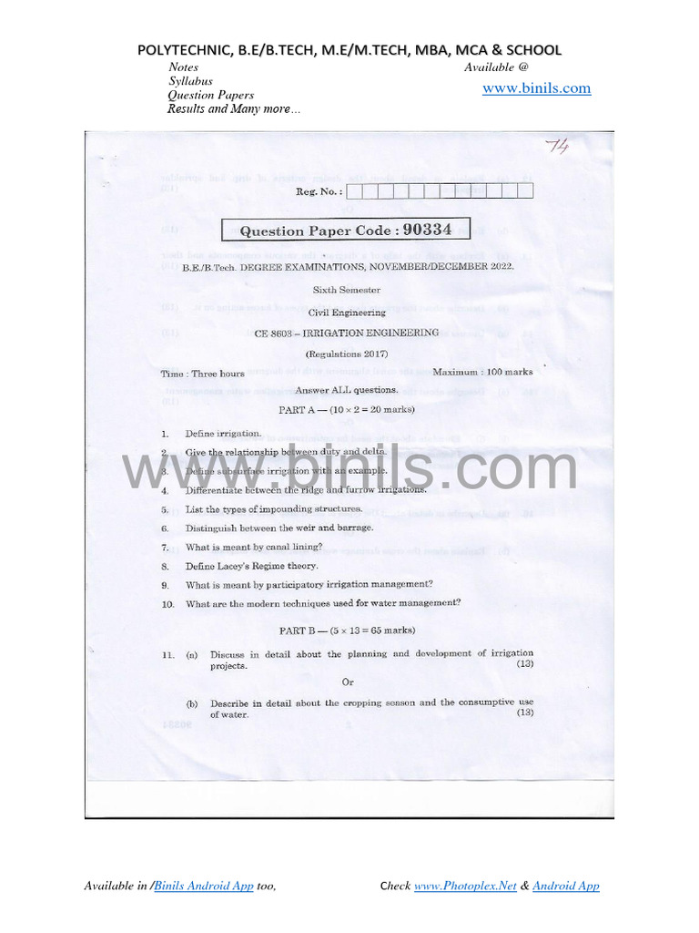 CE 8603 Irrigation Engineering Old Question Paper | PDF