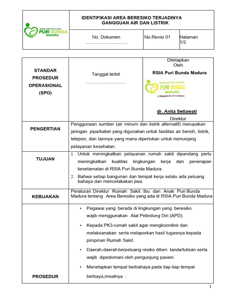 SPO Area Beresiko Terjadinya Gangguan Air Dan Listrik (NO DOKUMEN DAN ...