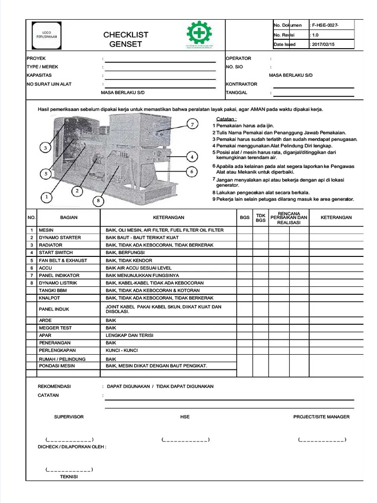 PDF Form Checklist Inspeksi Genset Compress | PDF
