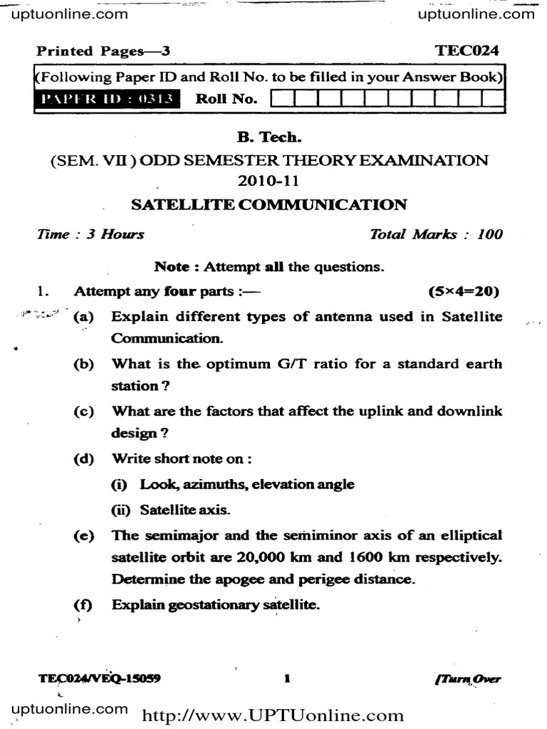 Btech Ec 7 Sem Satellite Communication Tec 024 2011 | PDF ...