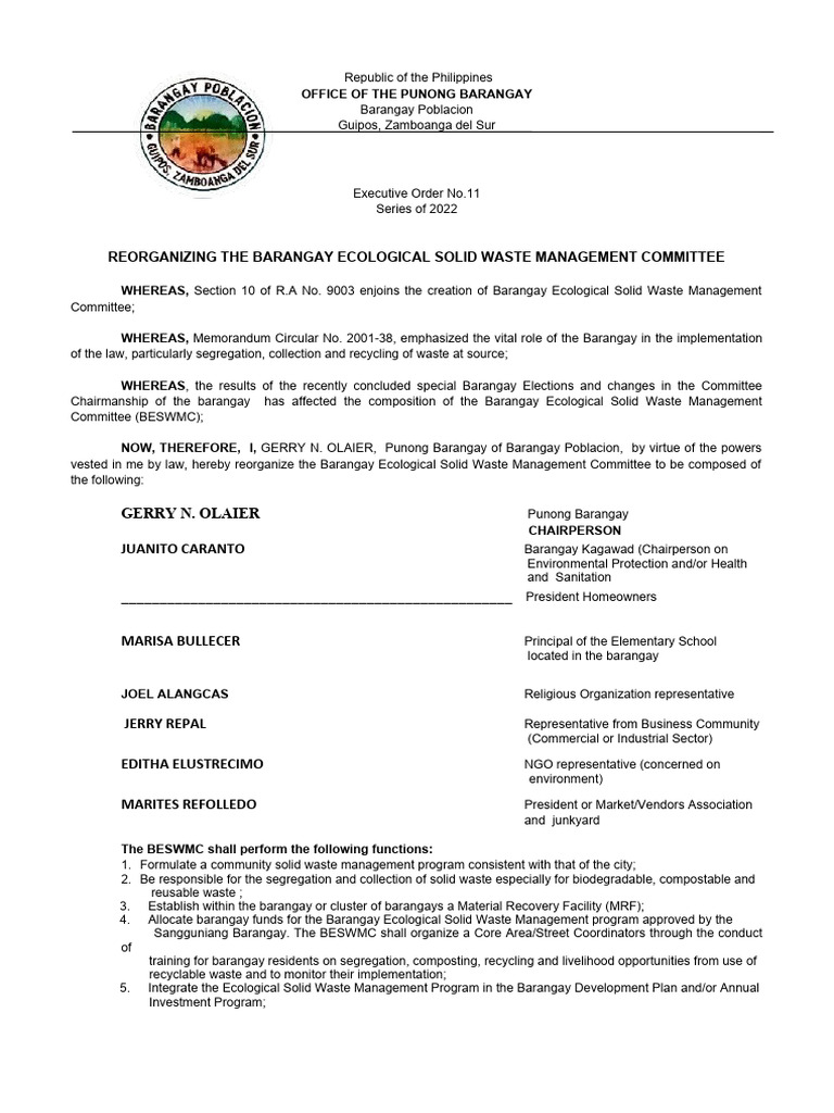 BESWMC-E.O (2) | PDF | Waste Management | Municipal Solid Waste
