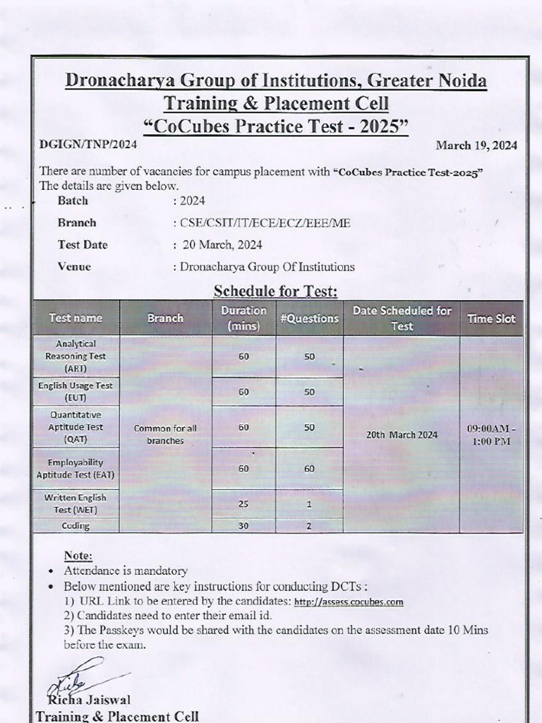 On Campus Notice - CoCubes Practice Test - Batch 2025 | PDF
