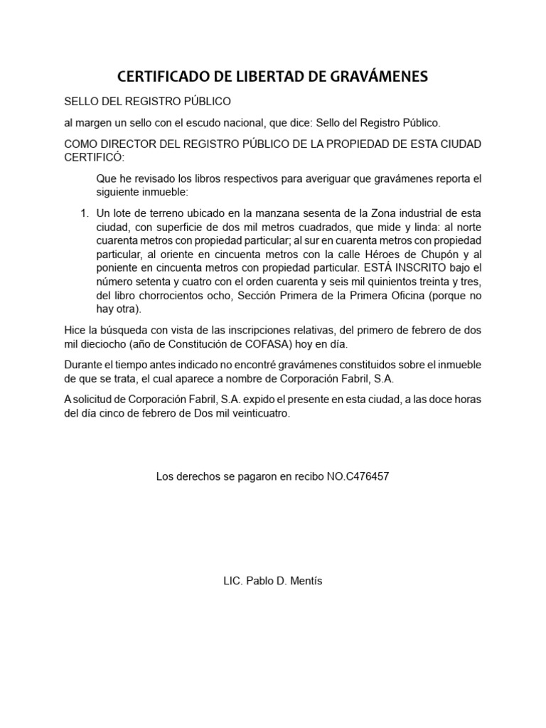 Certificado De Libertad De Gravámenes Pag 115 104706 Pdf