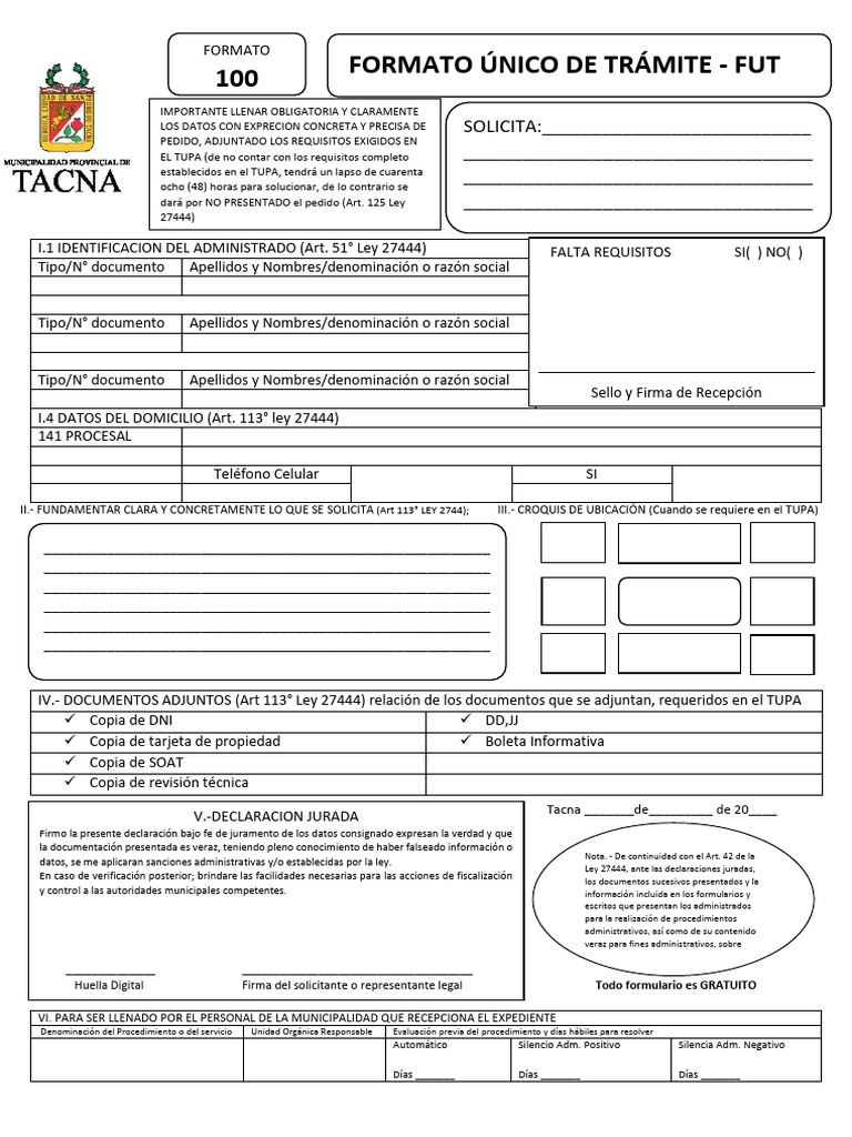 Formato Único de Tramite (FUT) 100 MUNICIPALIDAD DE TACNA. | PDF ...