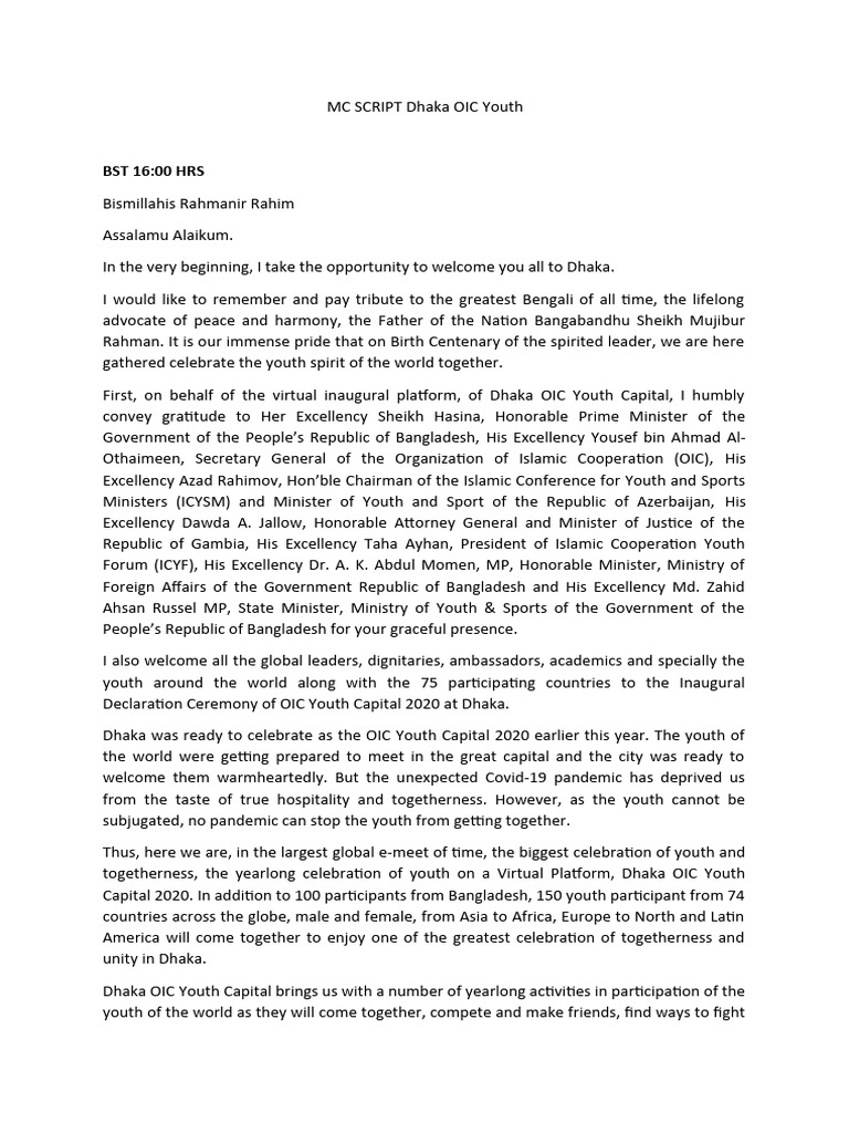 MC Script_Dhaka OIC Youth Capital Inaugural Declaration | PDF | Dhaka ...