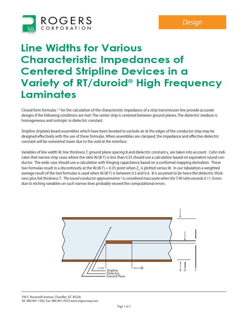 Line Widths for Various Characteristic Impedance of Center Stripline Devices in RT Duroid ...