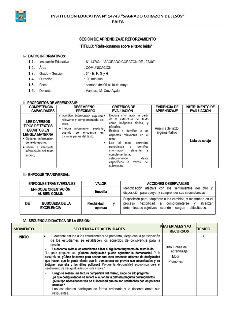 Sesión-Com3-Refo Democracia | PDF | Evaluación | Aprendizaje