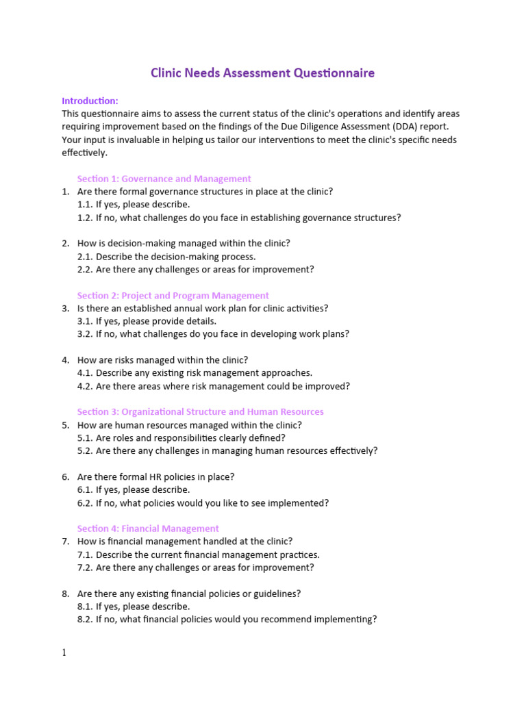Clinic Needs Assessment Questionnaire | PDF | Regulatory Compliance ...