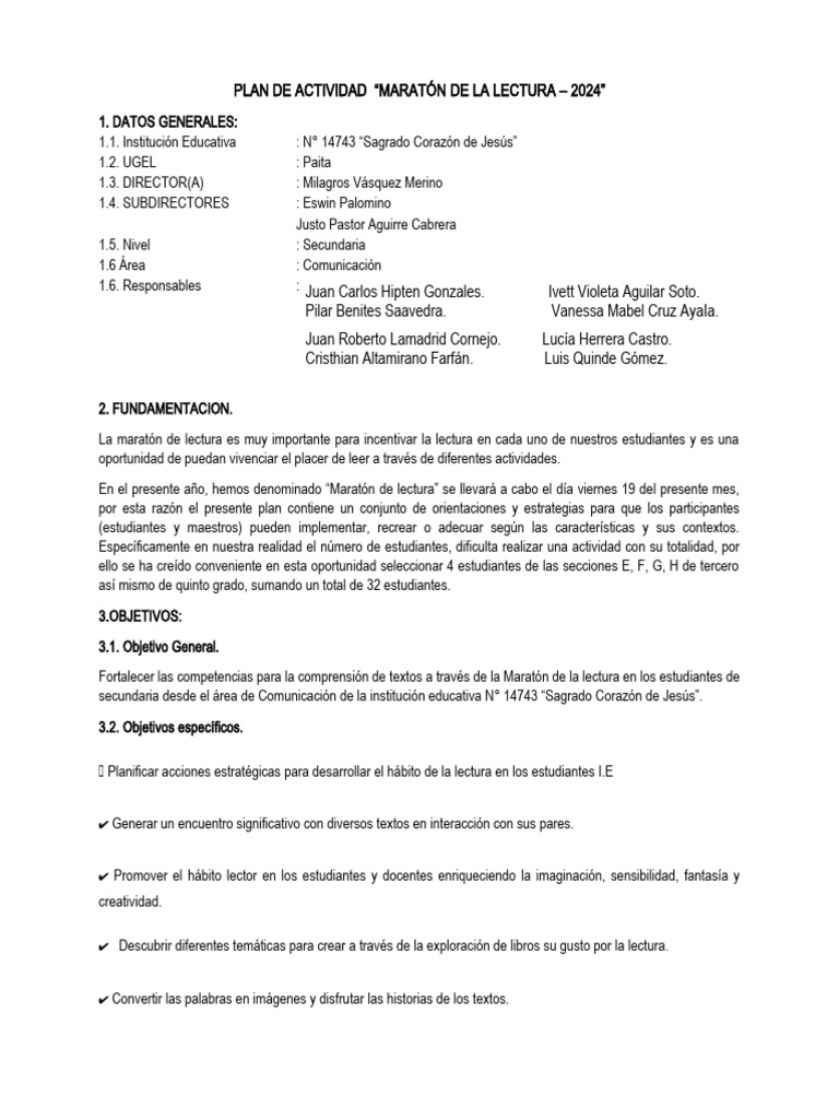 Plan de Actividad Maraton de Lectura 2024 | PDF | Cognición | Aprendizaje