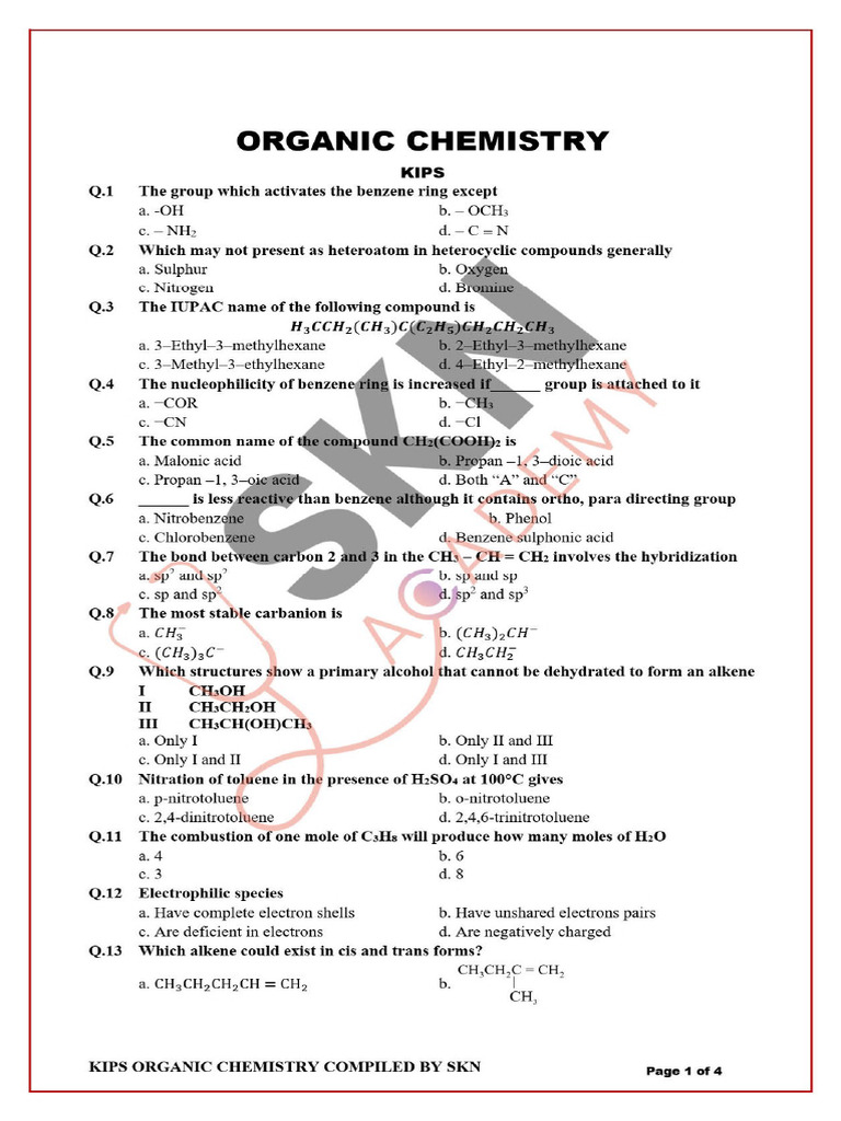 Kips Organic Chemistry 450 Mcqs Worksheet by SKN | PDF