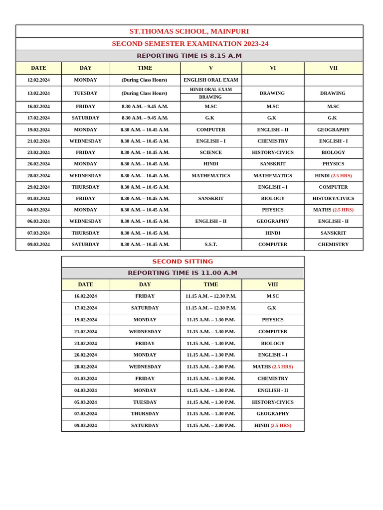 Second Semester 5 - 8 Time Table 2023-24 | PDF