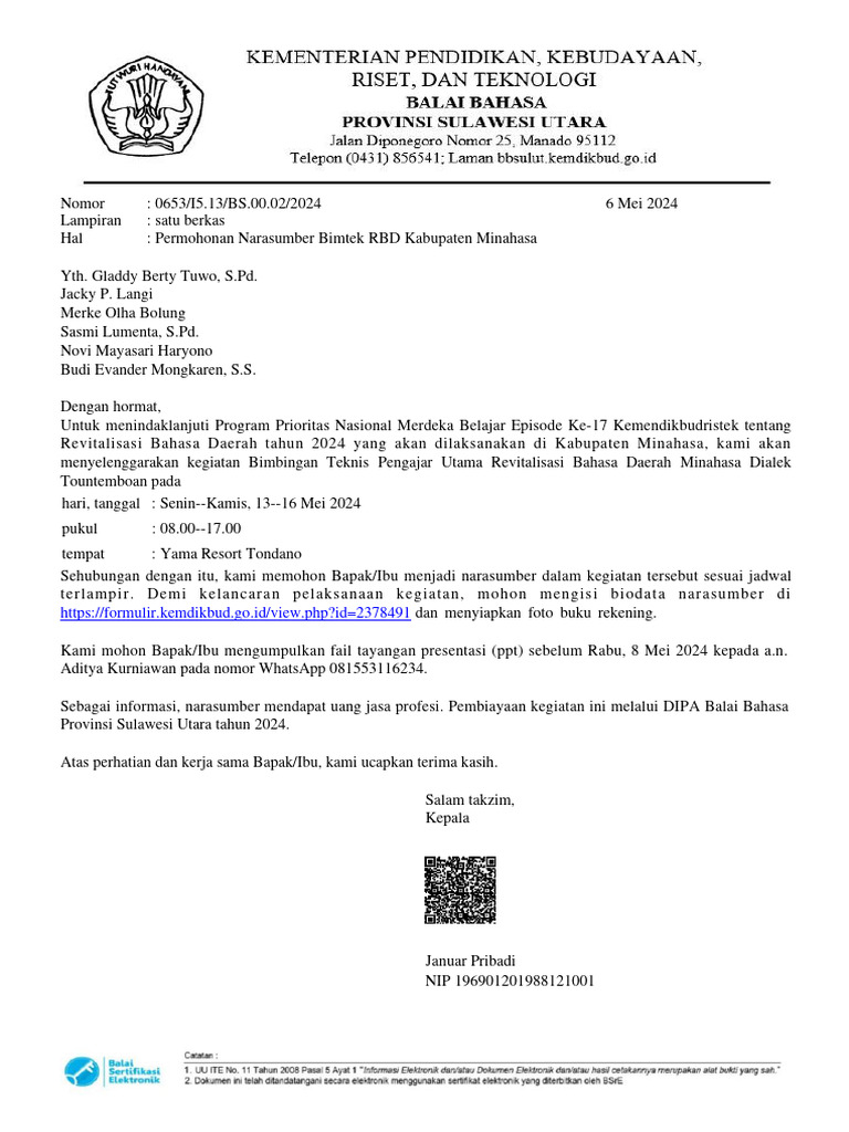 Permohonan Narasumber Dan Jadwal Bimtek RBD Minahasa | PDF