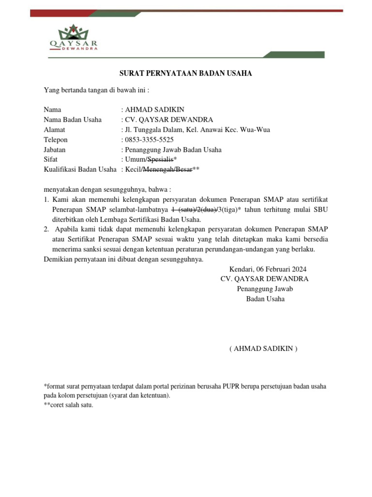 Surat Pernyataan Penerapan SMAP CV Qaysar | PDF