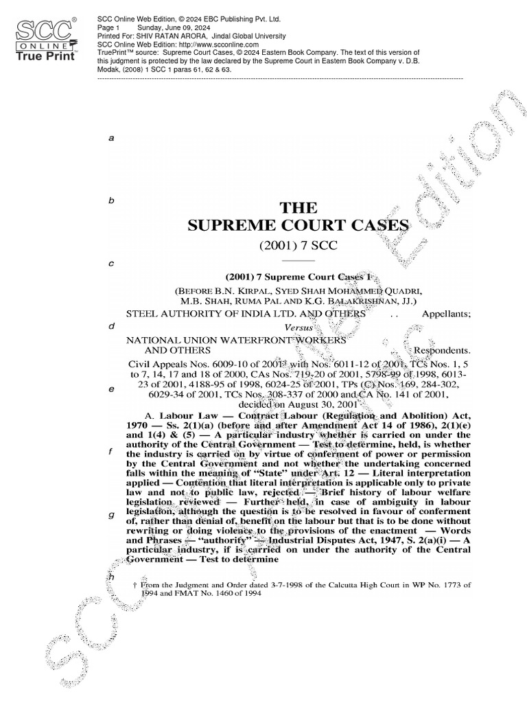 Steel Authority of India Ltd. V National Union of Water Front Workers (2001) 7 SCC 1 | PDF ...
