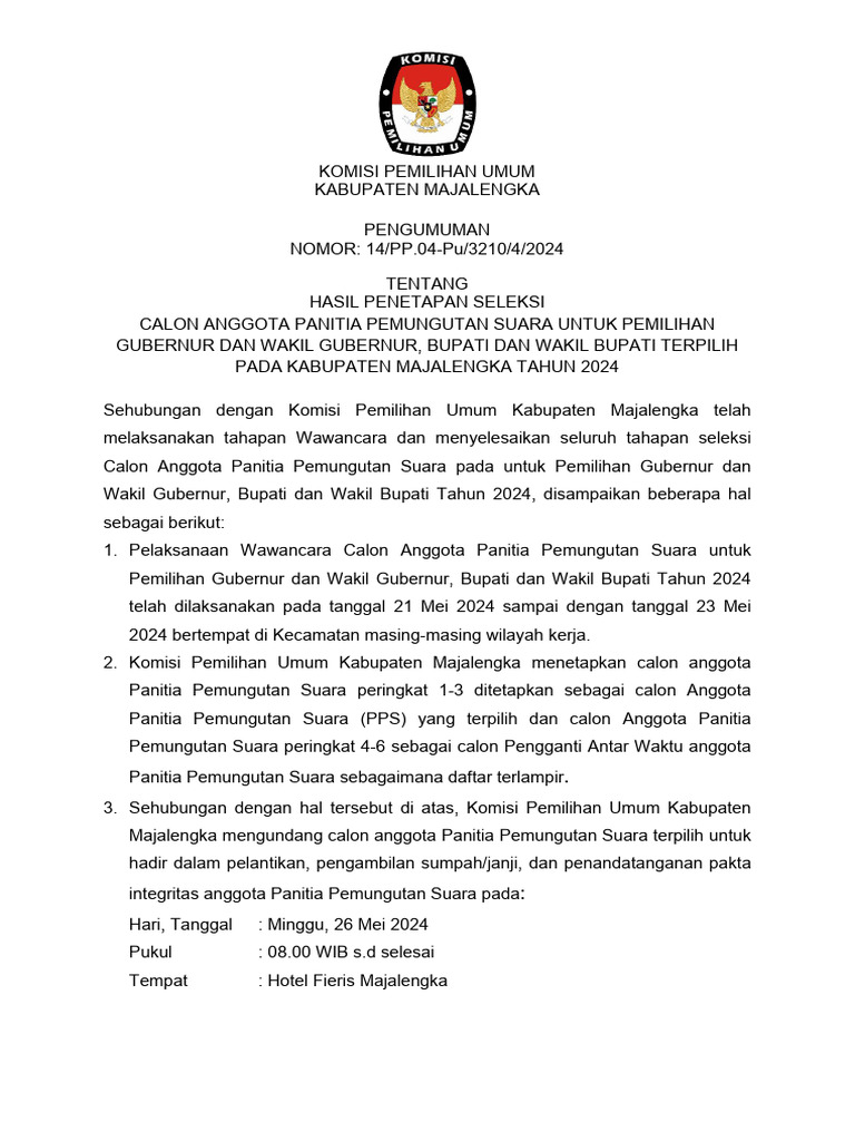 Pengumuman Hasil Wawancara Dan Seleksi Akhir PPS (2) - Merged KPU | PDF