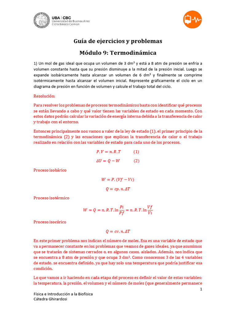 MÓDULO 9. Guía Resuelta de Ejercicios y Problemas (2024) | PDF | Gases | Termodinámica