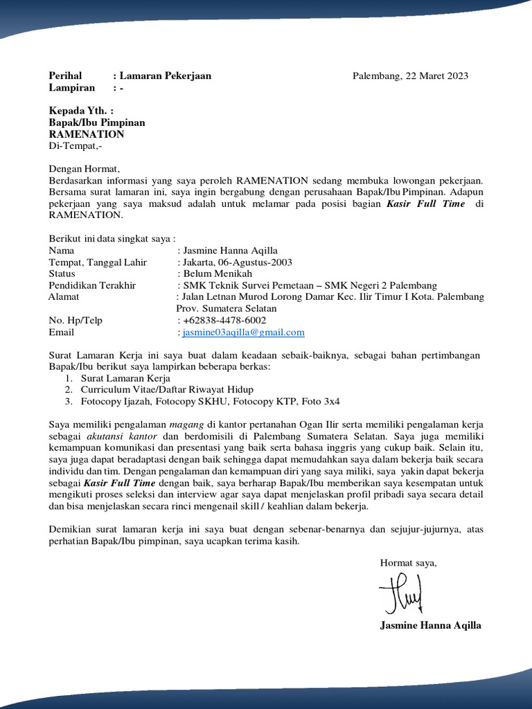 Lamaran Pekerjaan Kasir | PDF