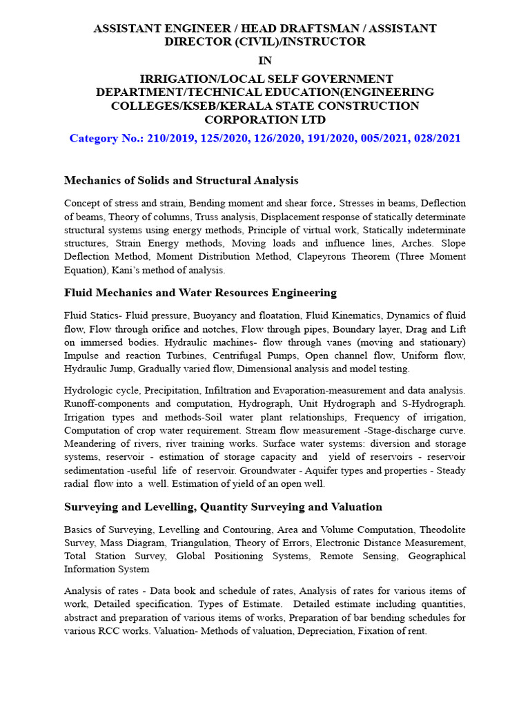 Ae PWD, Irri 2020 Syllabus | PDF | Fluid Dynamics | Beam (Structure)