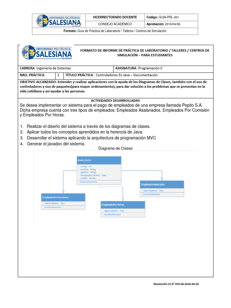 INFORME PRACTICAS DE LABORATORIO CONTROLADORES - MVC- HERENCIA - JAVA | PDF | Herencia ...