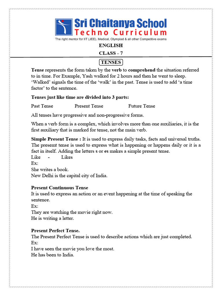 Cbse English Class Vii - Tenses | PDF | Grammatical Tense | Perfect ...