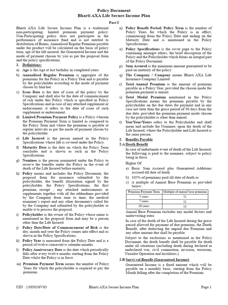 Bharti AXA Life Secure Income Plan Details | PDF | Insurance | Interest