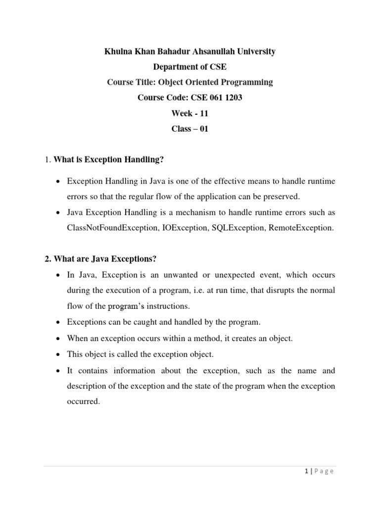 Week 11 Exception | PDF | Class (Computer Programming) | Java (Programming Language)