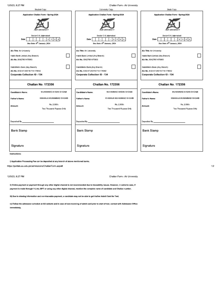 Air University Challan Form | PDF