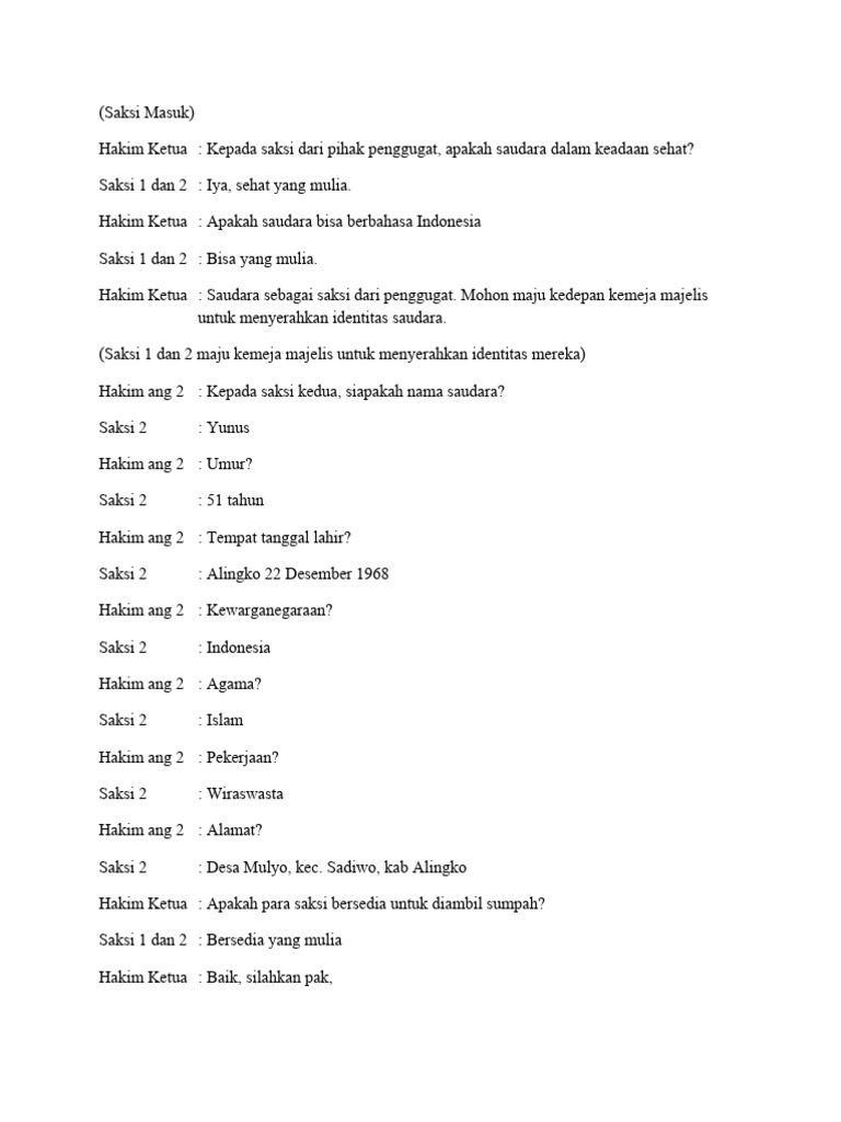 Dialog Saksi 2 Sidang Semu Hukum Acara Perdata | PDF