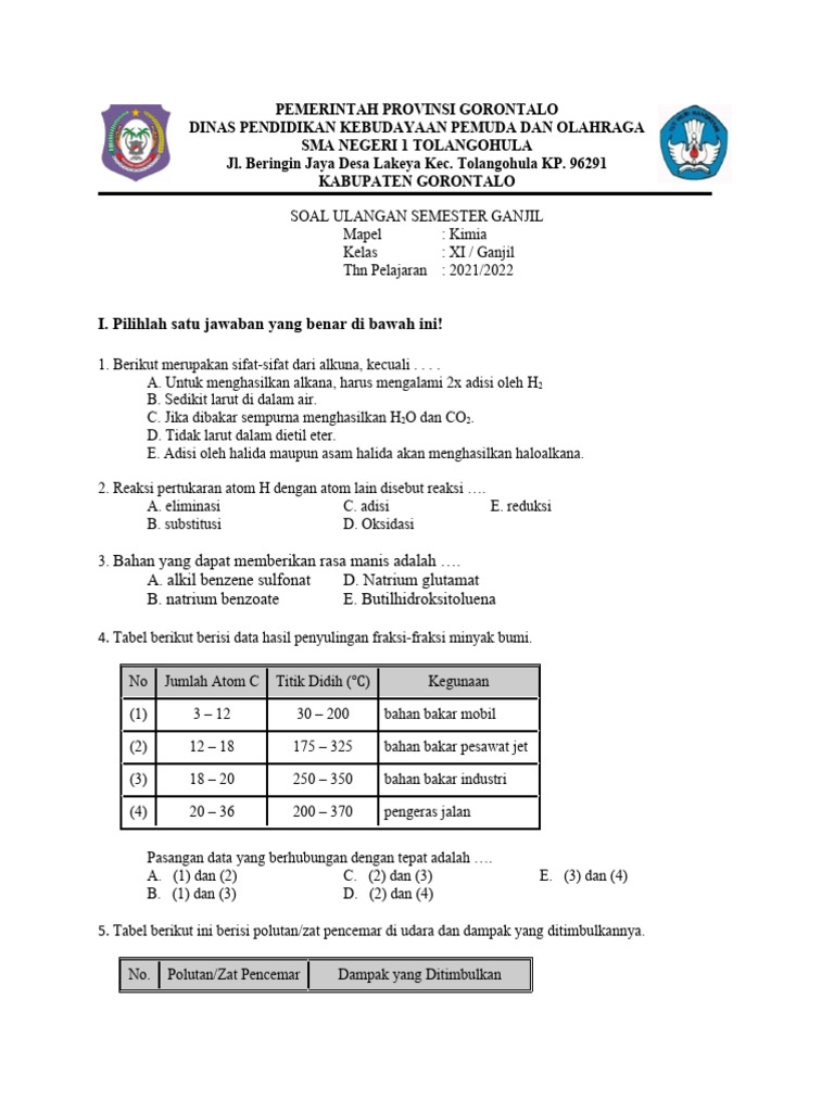 Soal Ulangan Kimia Kelas XI Ganjil | PDF