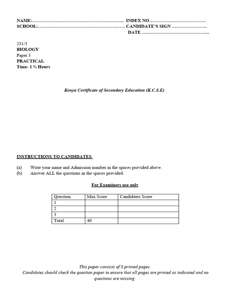 Biology Practical Exam 8 Questions | PDF | Educational Stages ...