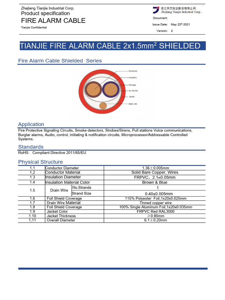Tianjie Shielded Fire Alarm Cable 1.5mm2x2C SOLID PVC | PDF | Wire ...