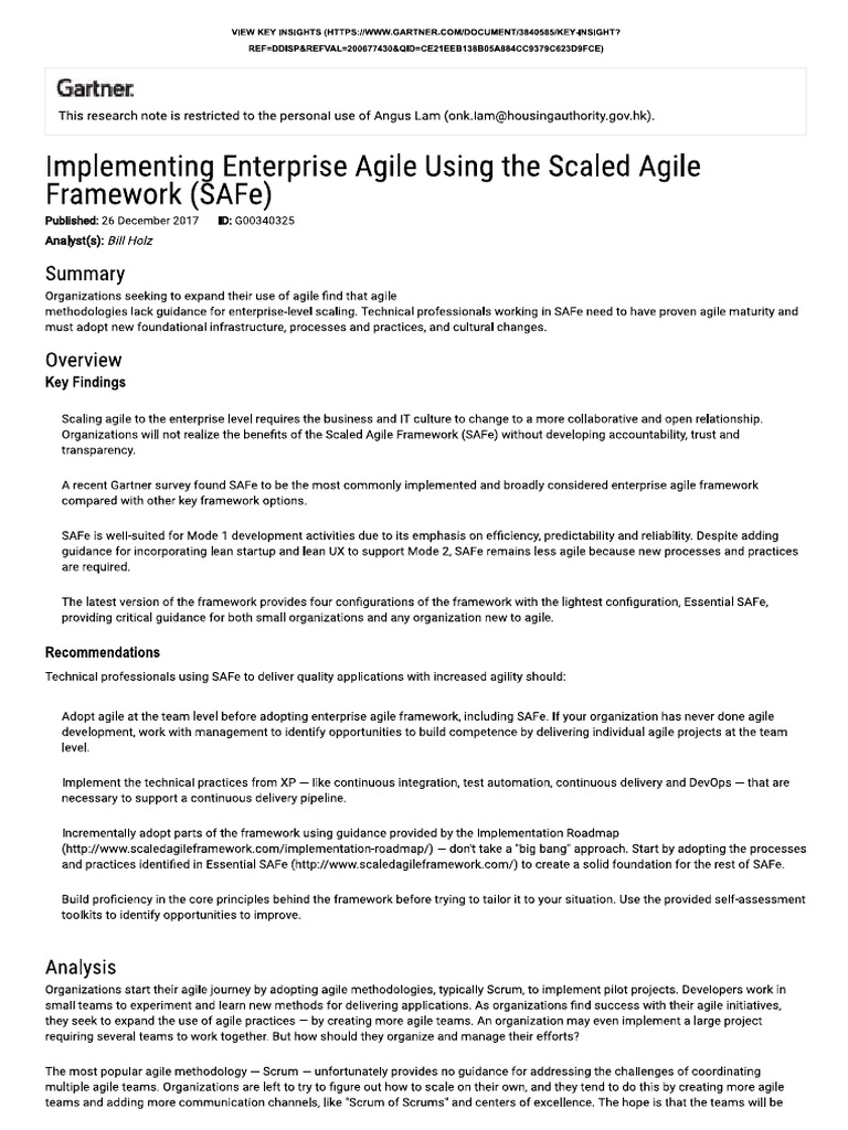 Implementing Enterprise Agile Using The Scaled Agile Framework (SAFe) | PDF