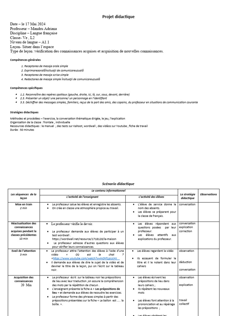 Projet 5 Les Preposition de Lieu | PDF
