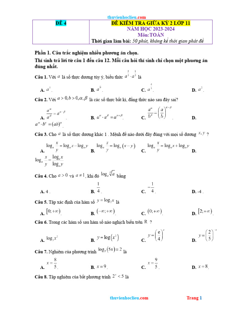 De Kiem Tra Giua HK2 Toan 11 KNTT de 4 Hay | PDF