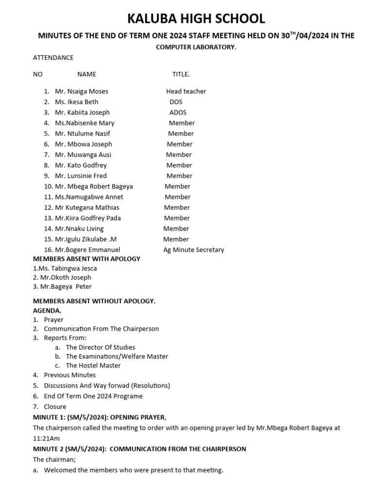 End of Term One 2024 Staff Minutes-1 | PDF | Teachers | Behavior ...