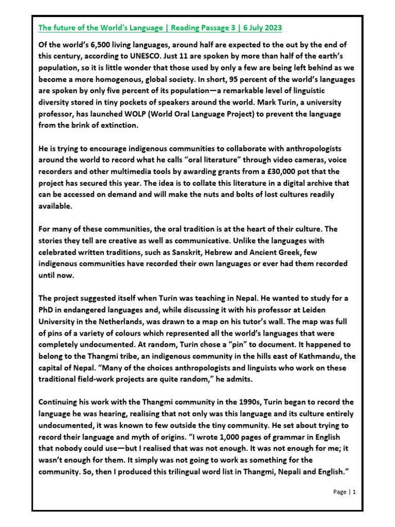 READING PASSAGE - 6th July ACADEMIC | PDF | Linguistics | Hebrew Language