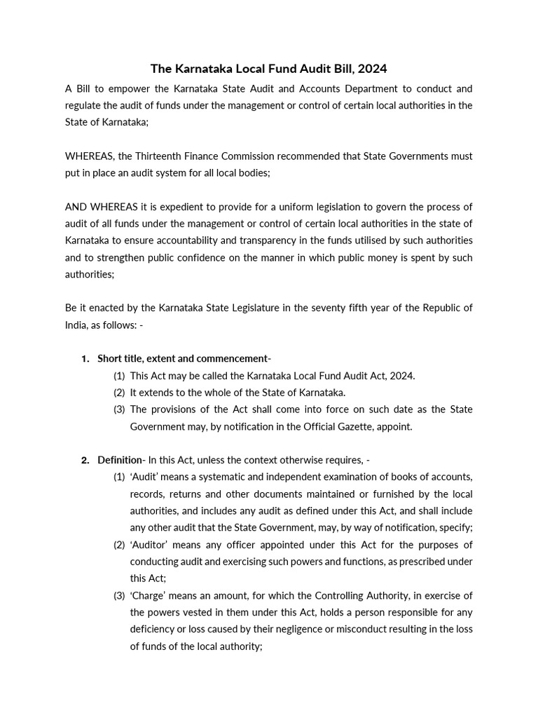 Karnataka Local Fund Audit Bill, 2024 | PDF | Financial Audit | Audit