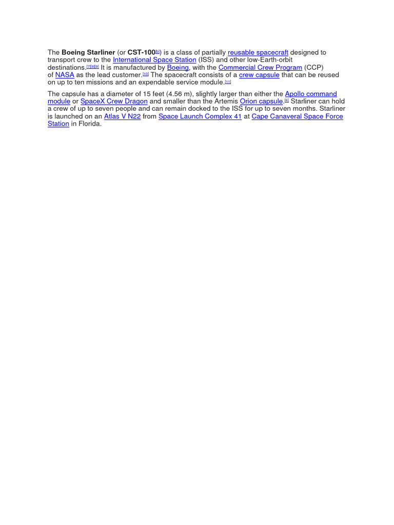 Boeing Starliner: Crew Transport Spacecraft | PDF