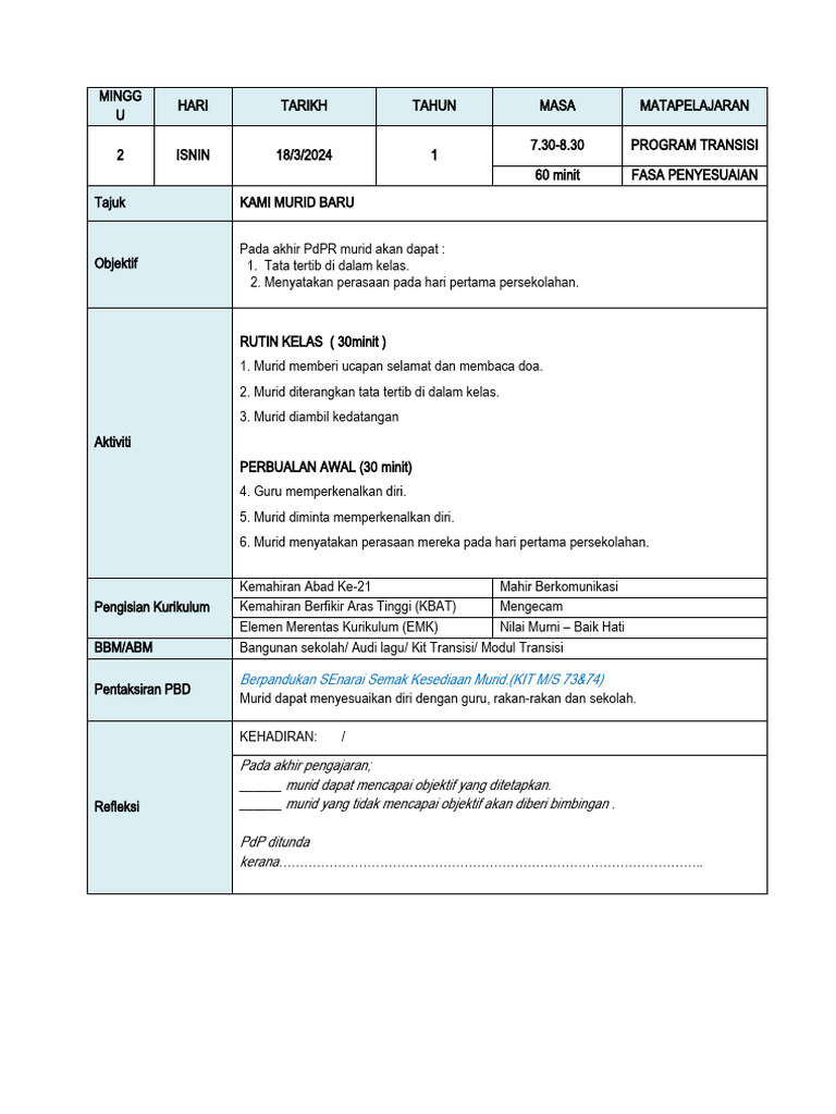 CONTOH RPH TRANSISI 2024_2025 | PDF