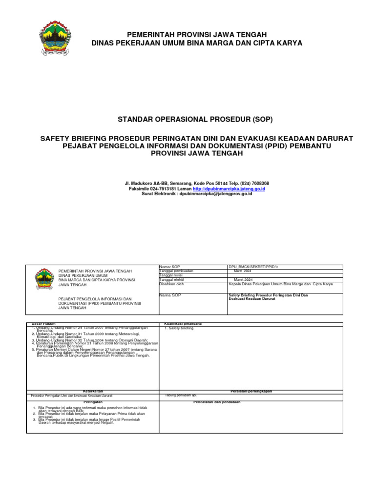 SOP Safety Briefing Prosedur Peringatan Dini Dan Evakuasi Keadaan ...