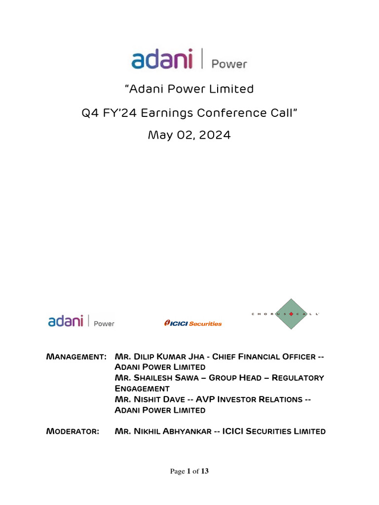 Adani Power Limited Q4 FY 2023-24 Analyst Call Transcript | Download Free PDF | Power Station ...