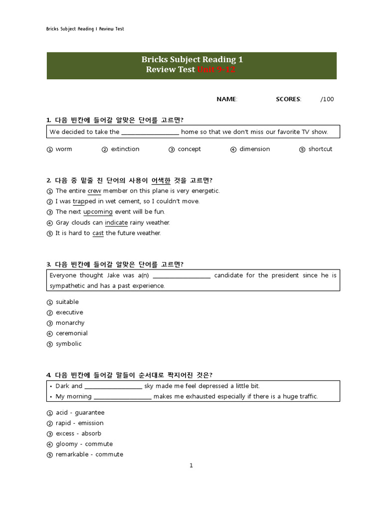Bricks Subject Reading - L1 - Review Test 3 (Units 09-12) | PDF | Sky ...