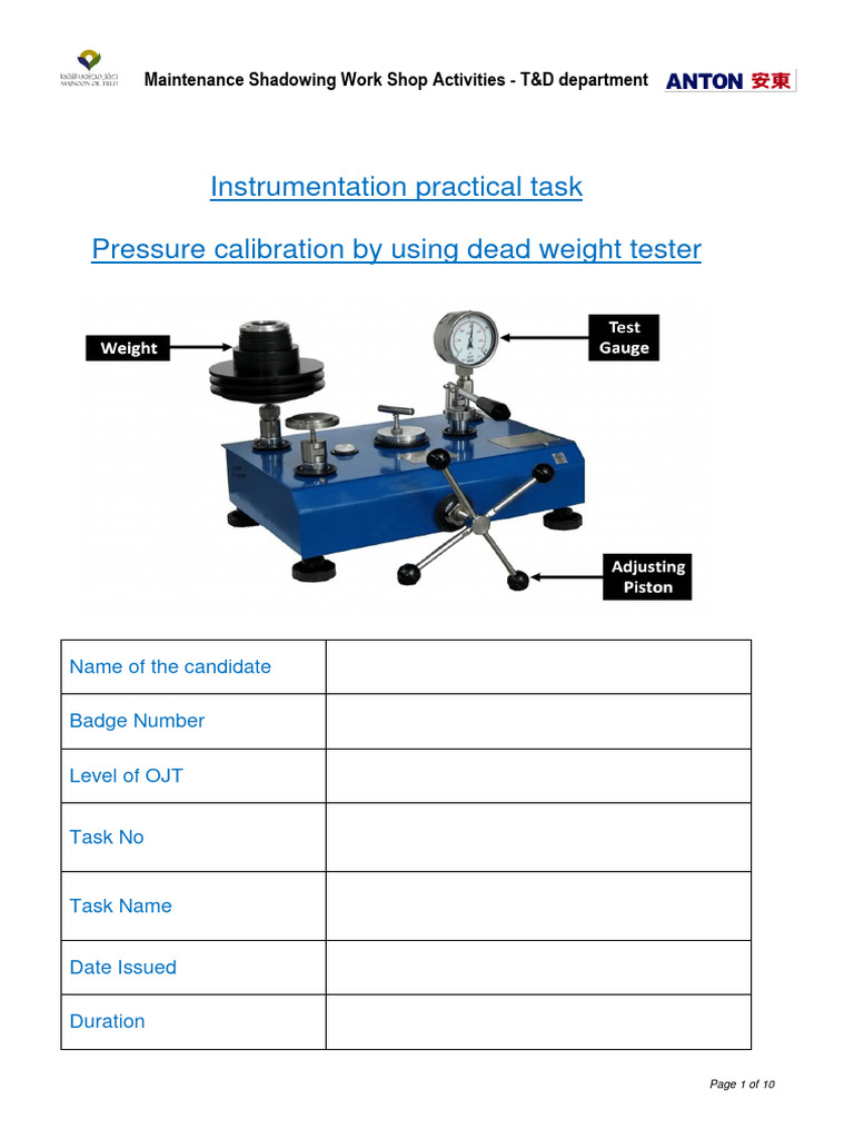 Pressure Calibration by Using Dead Weight Tester | PDF | Calibration ...