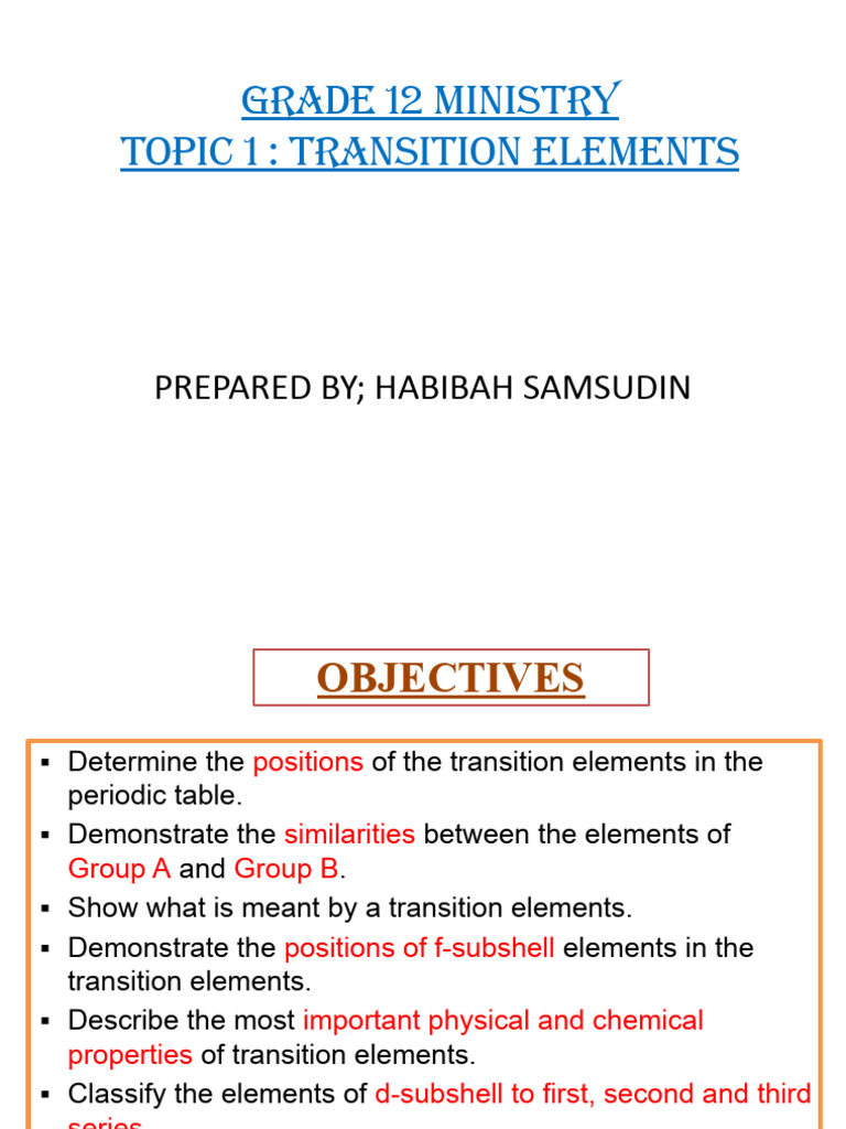 Transition Elements in Grade 12 Chemistry | PDF | Electron ...