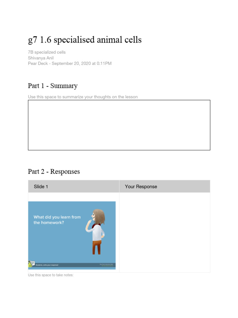 g7 1.6 Specialised Animal Cells - 7B Specialized Cells - B | PDF