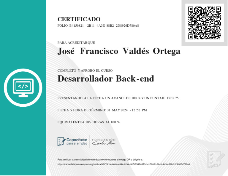Desarrollador Back-End - Certificado - Curso | PDF Desarrollador Back-End - Certificado - Curso | PDF