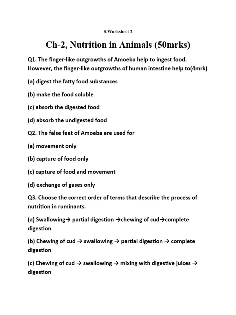 Ch-2, Nutrition in Animals (50mrks) : S.Worksheet 2 | PDF | Digestion ...