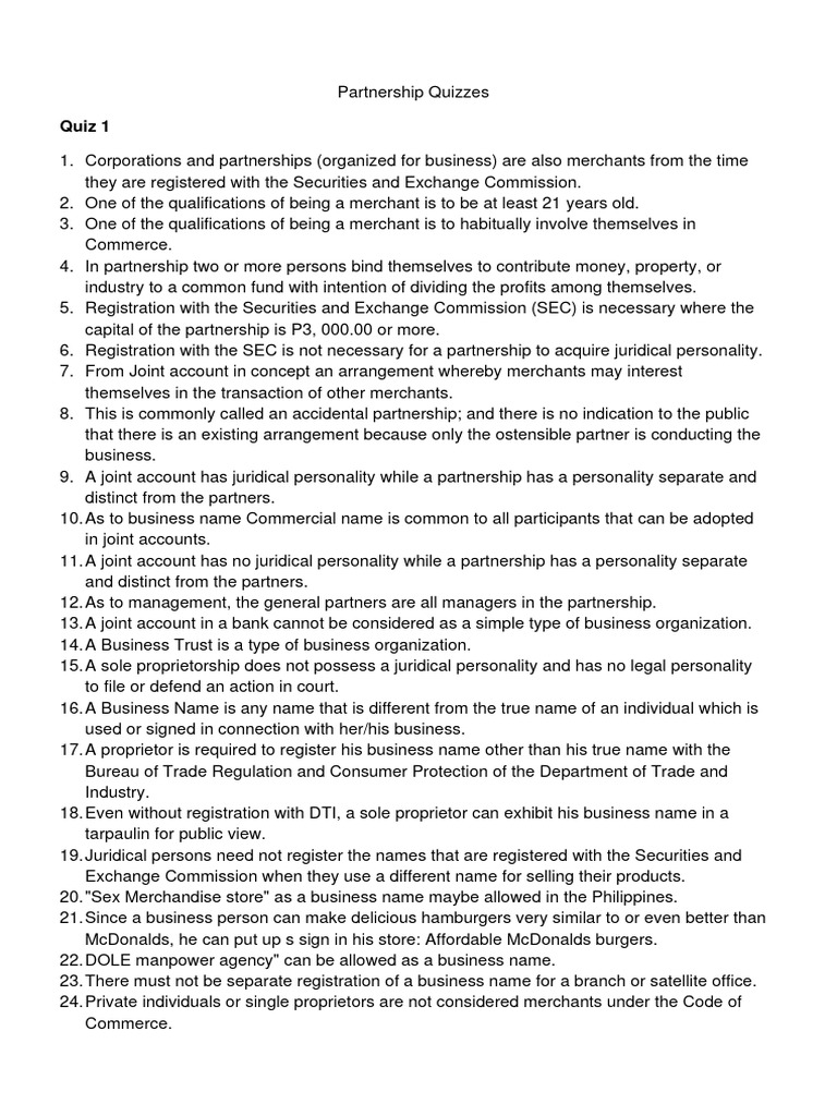 Partnership Quiz Overview and Concepts | PDF | Partnership | Limited ...