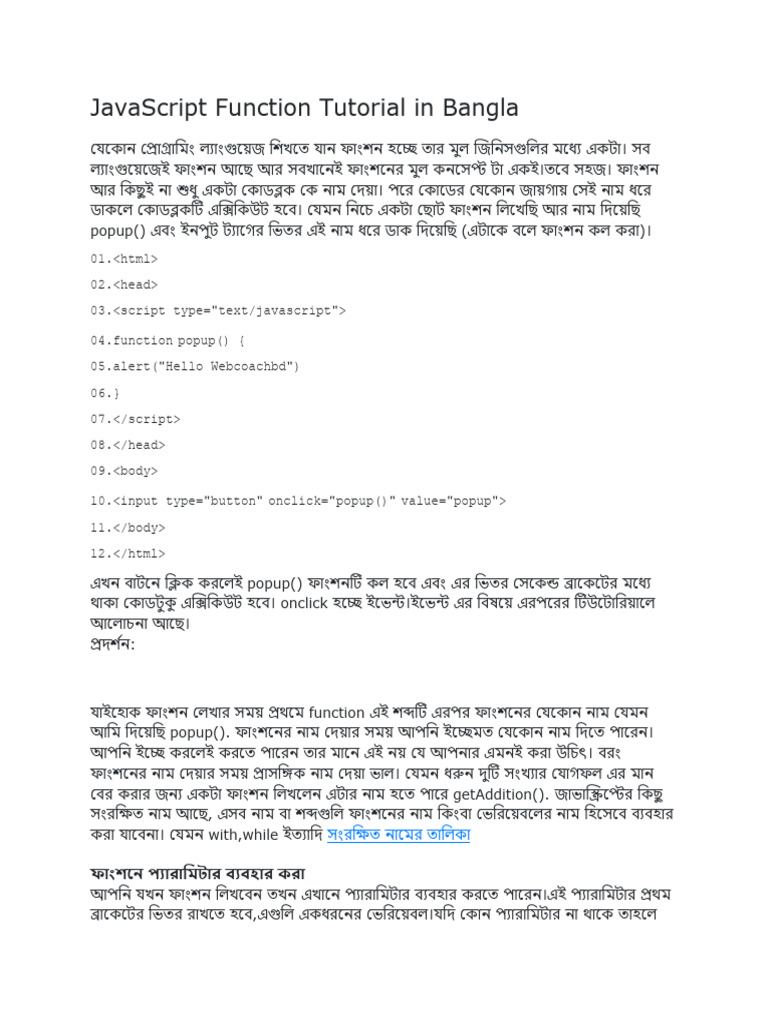 JavaScript Function Tutorial in Bangla | PDF