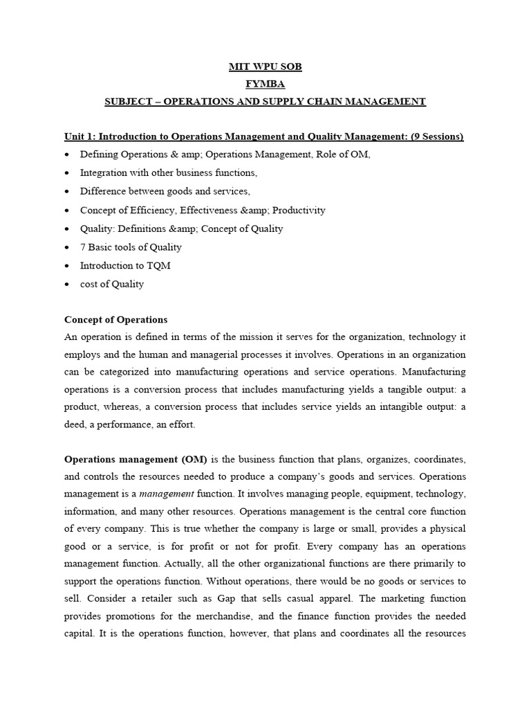 Introduction to Operations Management and Quality Management ...